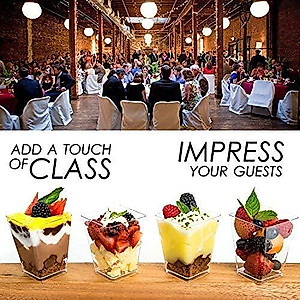 DLux 40 x 5 oz Mini Dessert Cups with Lids and Spoons, Square Large - Clear Plastic Parfait Appetizer Cup - Small Reusable Serving Bowl for Tasting Party Desserts Appetizers - Recipe Ebook