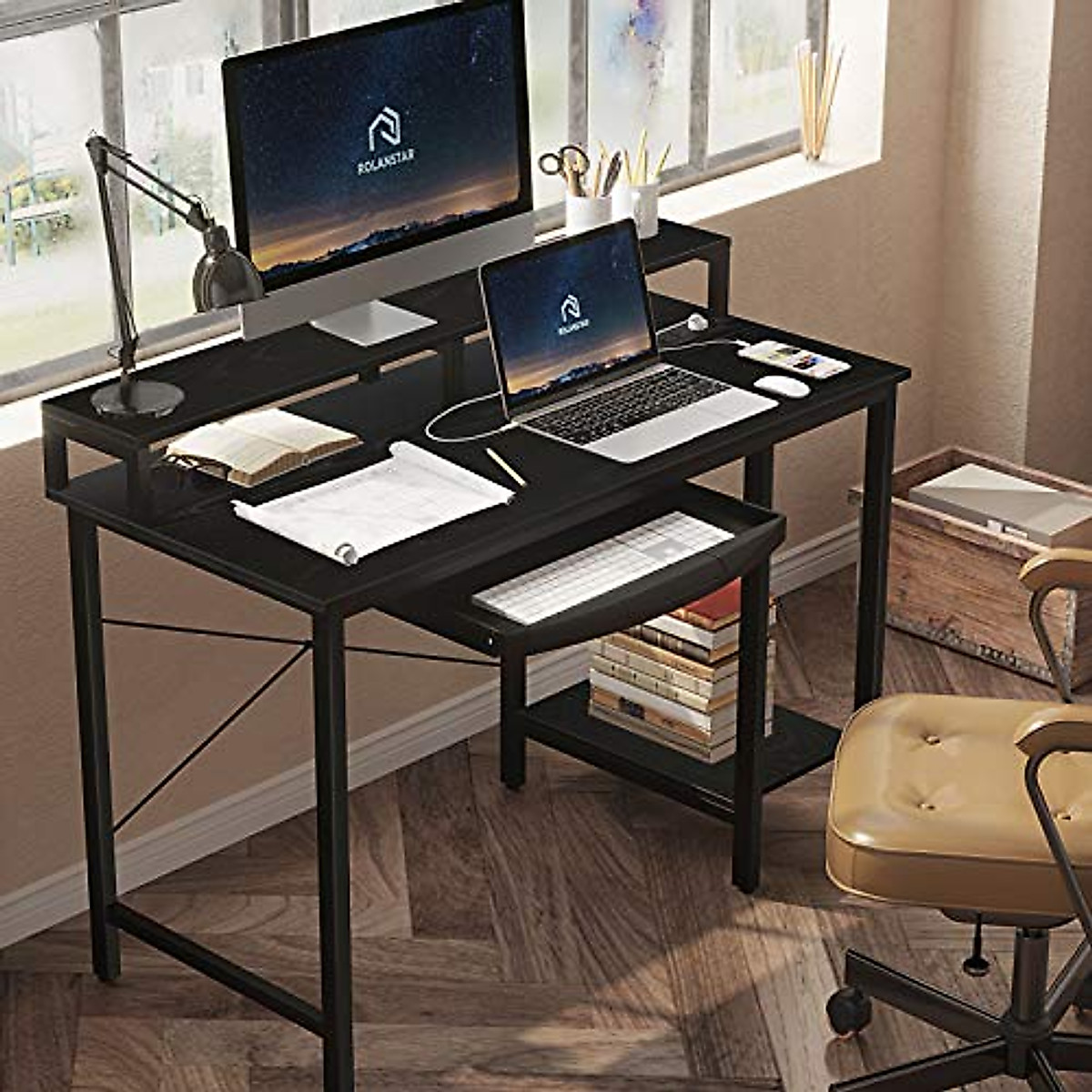 Rolanstar Computer Desk with Power Outlet and Monitor Stand Shelf, 47” Home Office PC Desk with Keyboard Tray and USB Ports Charging Station, Desktop Table, Stable Metal Frame Workstation, Black