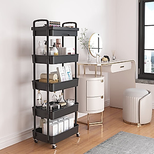 Calmootey 5-Tier Rolling Utility Cart with Drawer,Multifunctional Storage Organizer with Plastic Shelf & Metal Wheels,Storage Cart for Kitchen,Bathroom,Living Room,Office,Black