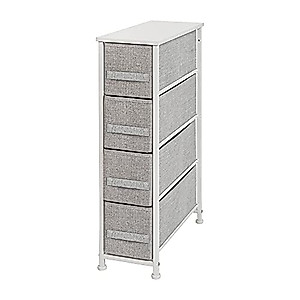 Flash Furniture 4 Drawer Slim Wood Top White Cast Iron Frame Dresser Storage Tower with Light Gray Easy Pull Fabric Drawers