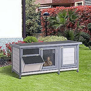 PawHut Wooden Rabbit Hutch Bunny Hutch Cage Guinea Pig with Waterproof Roof, No Leak Tray and Feeding Trough, Indoor/Outdoor, Gray
