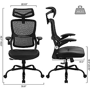 Office Chair Ergonomic Desk Chair - Leather Cushion Mesh High Back with Lumbar Support Computer Chair, Adjustable Flip Up Arms, Home Office Desk Chair