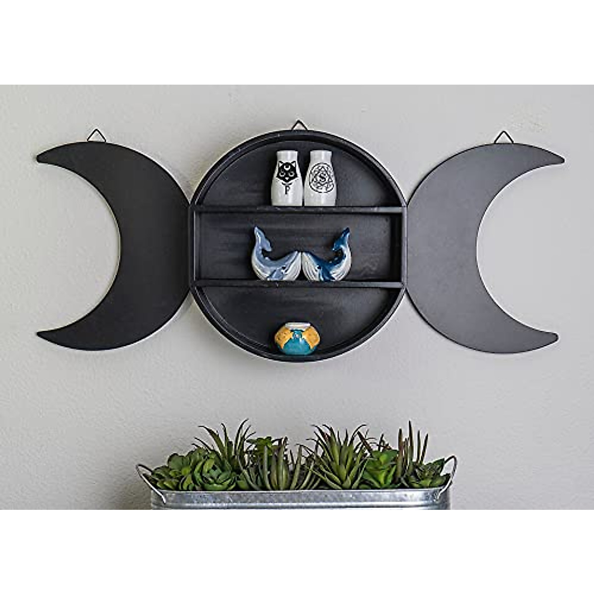Ebros Light Duty Black Wicca Sacred Triple Moon Feminine Goddess Wall Hanging Floating Foldable Hinged MDF Wood Shelf with Tiers 14" Tall 36" Wide Occult Wiccan Home Office Room Accent