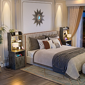 Tall Nightstands Set of 2 with Charging Station and USB Ports - 47" Tall Bedside Table with Adjustable Bookshelf, End Table Side Table with Storage Cabinet for Bedroom Home Office, Grey