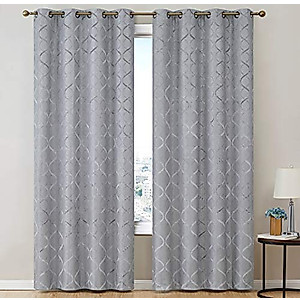 HLC.ME Versailles Lattice Flocked 100% Complete Blackout Thermal Insulated Window Curtain Grommet Panels - Energy Savings & Soundproof, For Living Room & Bedroom, Set of 2 (50 x 84 inches, Light Grey)