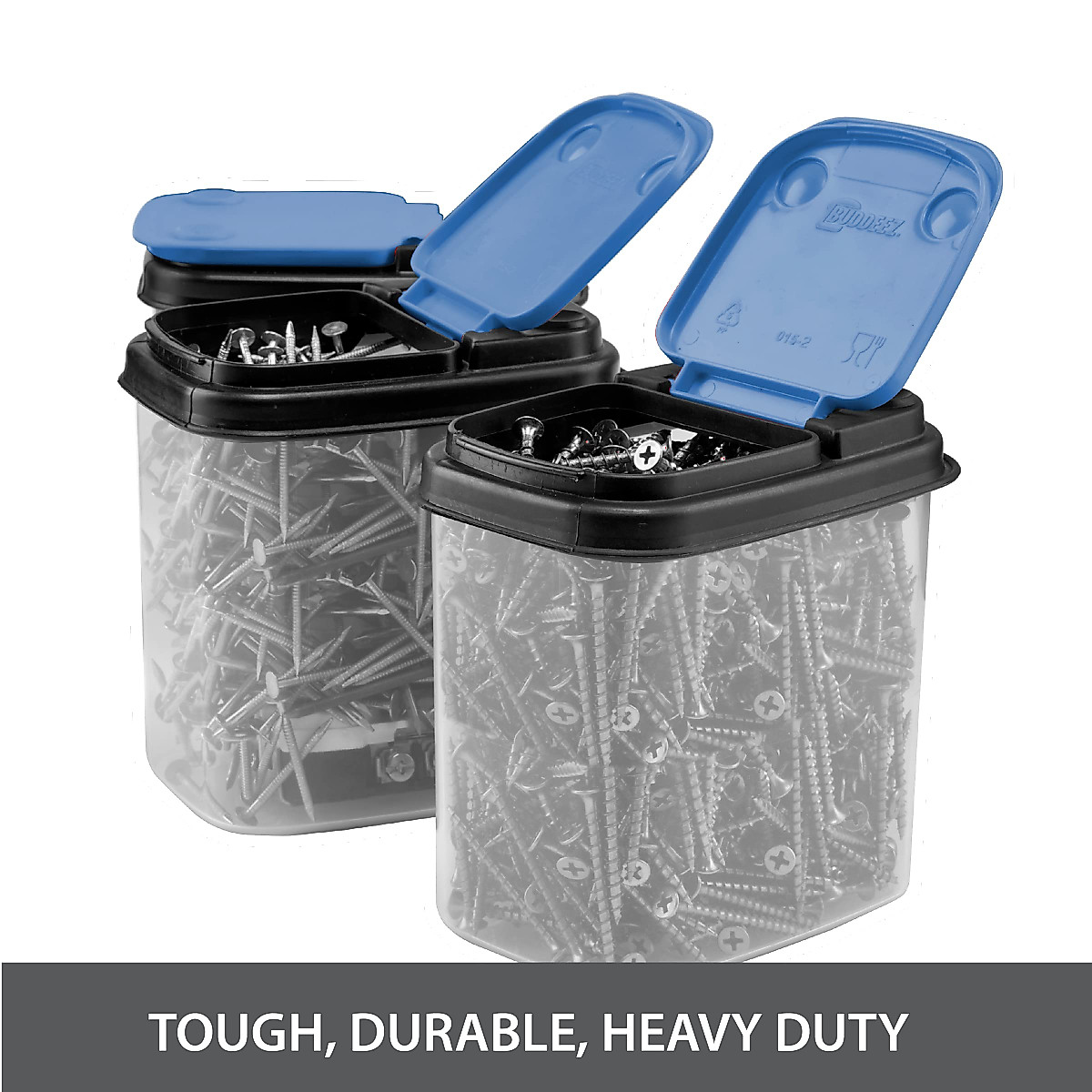 Multi-Purpose Hardware Storage Bins - Buddeez Bits and Bolts Small Storage Containers, Hardware Organizers, Clear Containers With Blue Stackable Lids, Bolt and Screw Organizer (1 Quart - 12 Pack)