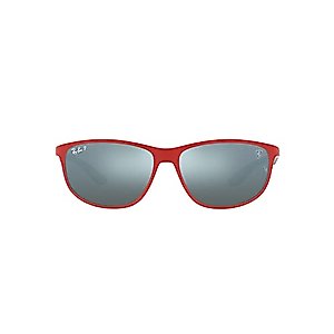 Ray-Ban RB4394M Scuderia Ferrari Collection Square Sunglasses, Matte Red/Green Mirrored Silver Polarized, 61 mm