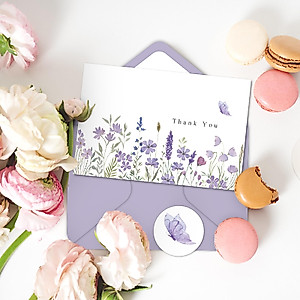 AnyDesign 24 Pack Wildflower Thank You Cards Bulk Purple Flower Greeting Cards with Envelope Sticker Floral Blank Note Cards for Birthday Wedding Baby Shower Bridal Shower, 4 x 6 Inch
