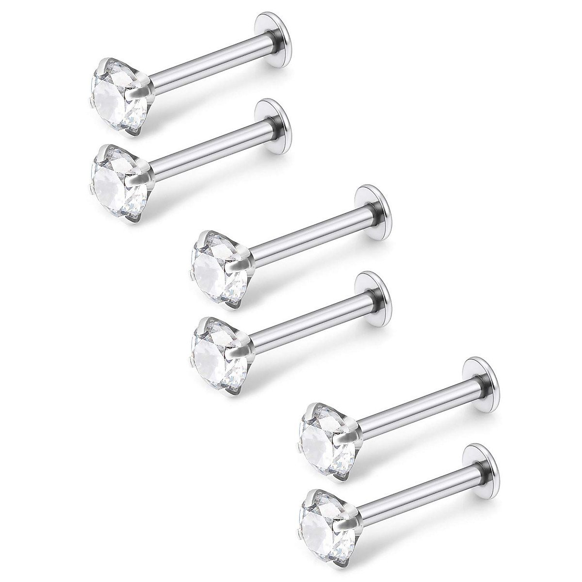 Dyknasz 316L Stainless Steel 16G 2mm Clear CZ Gem Nose Piercing Labret Monroe Lip Monroe Helix Rings Cartilage Ear Ring Studs Piercings 6mm Bar Length for Women Men Silvertone