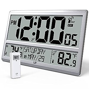 LFF Atomic Clock 4.5" Numbers, Atomic Wall Clock with Indoor & Outdoor Temperature，Never Needs Setting, Battery Operated, Date, Time, Wireless Outdoor Sensor, Jumbo Display Easy to Read