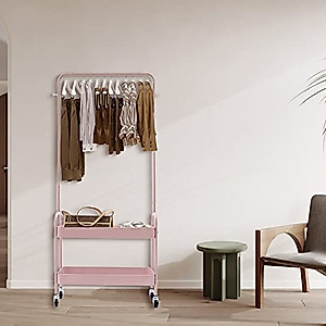Modern Garment Rack Clothing Stand with 2 Tier Metal Basket and Universal Wheel Square Suit Dress Garment Rack Dress Display Stand Floor Hanger Storage Rack for Home Wedding Clothing Store (Pink)
