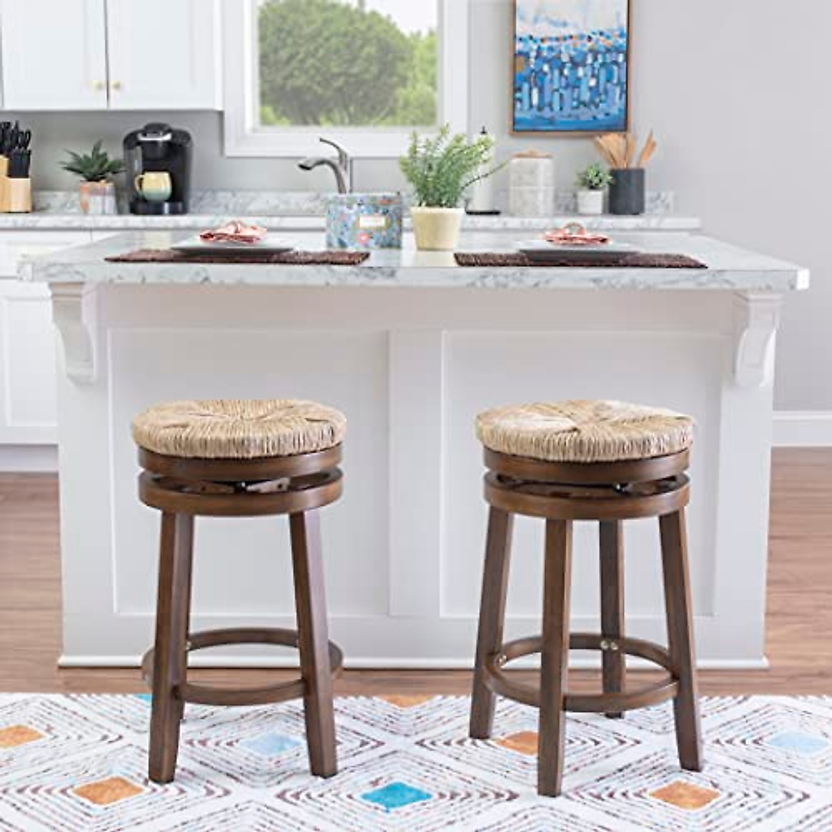 Powell Maya Walnut Backless Counter Stool with Woven Seagrass Swivel Seat