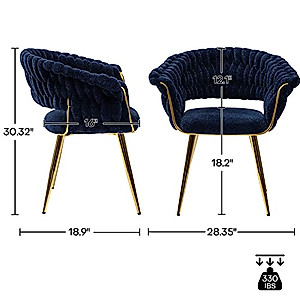 Modern Dining Chairs Chenille Upholstered Dining Chairs with Arms, Knot Woven Living Room Accent Chairs with Gold Metal Legs, Mid-Century Makeup Vanity Chair for Dining Room, Kitchen Bedroom (Blue)