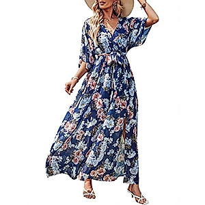 ANRABESS Women’s Summer Loose Boho Flowy Wrap V Neck 3/4 Sleeve Floral Print Slit Beach Wedding Guest Long Maxi Dresses Navy Flor Large
