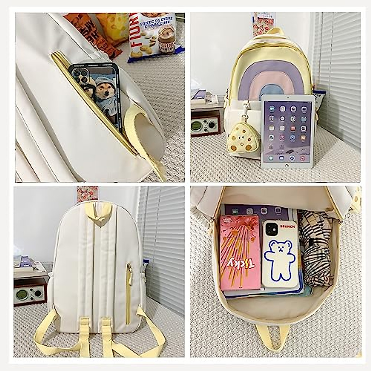 BOUTIKOME Kawaii Backpack with Cute Pendant Japanese Aesthetic Large Capacity Waterproof Backpack Casual Daypack（Yellow,One Size）