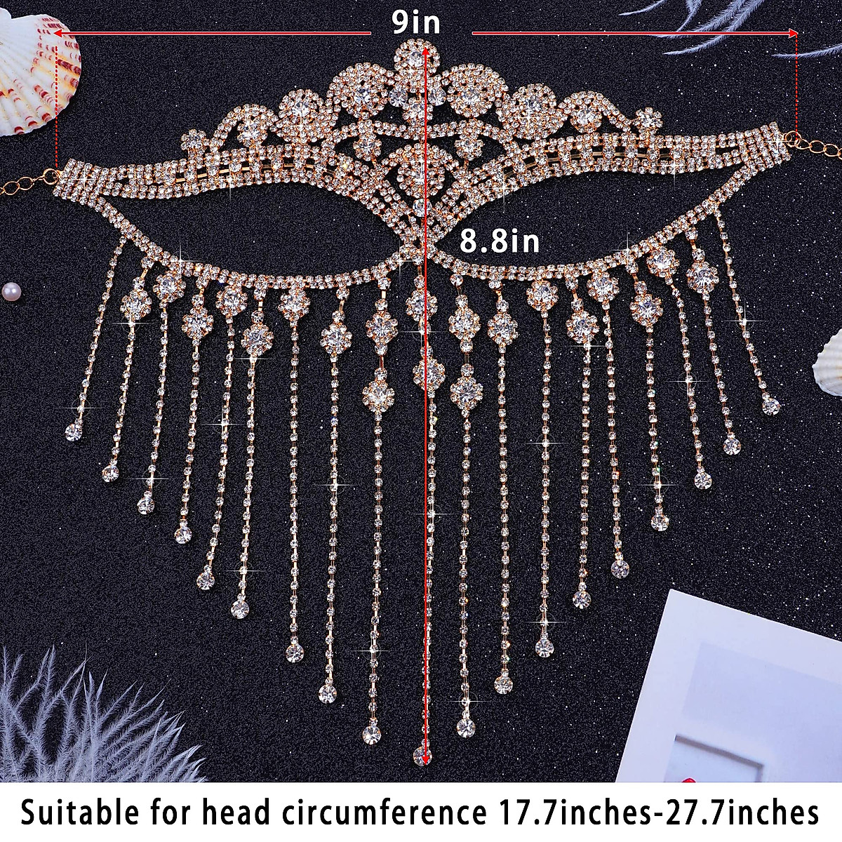 MineSign Masquerade Mask Chain for Women Boho Tassel Head Chain Vintage Rhinestone Halloween Face Jewelry for Party Cosplay Gold