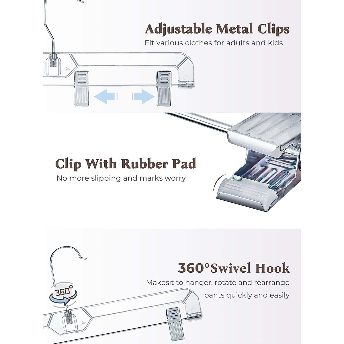 HOUSE DAY Clear Skirt Hangers with Clips, Non-Slip Plastic Pant Hangers with Adjustable Clips, Slim Clip Hangers for Pants, Skirts, Shorts, 14" Clear Hangers 10 Pack, 360-Rotating Swivel Hook