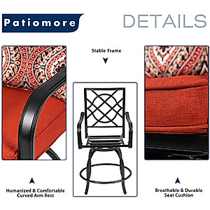 Patiomore Patio Swivel Bar Stools, Outdoor Bar Height Bistro Chairs Set of 2, Metal Iron Frame with Seat Cushions, Red