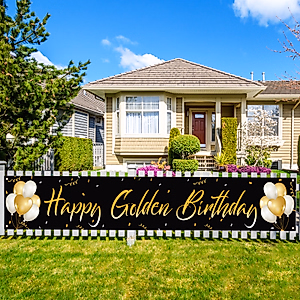 Labakita Large Happy Golden Birthday Banner, Golden Birthday Party Banner, 5th, 21st, 24th, 25th, 28th, 30th, 50th 60th Birthday Decorations Supplies