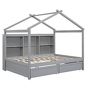 Yehha Full Size House Bed with Storage Shelves and 2 Drawers, Multifunctional Storage Wooden Bed for Boys & Girls Bedroom, Small Space, No Box Spring Needed/Wood Slats Support, Easy Assembly, Gray