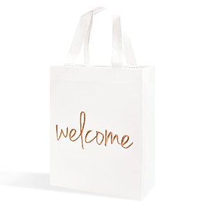 Crisky Reuseable Whtie Rose Gold Welcome Bags for Wedding Birthday Party, 25 Counts Medium Size Eco-Friendly Non-Woven Guest Gift Bags, 11x4x9 Inches