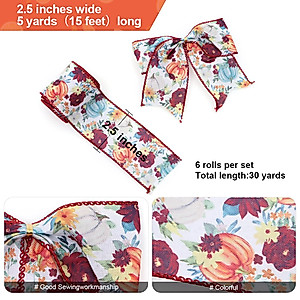 1.5" and 2.5'' Burgundy Fall Pumpkin Maple/Oak Leaf Wired Ribbon for Autumn and Thanksgiving Holiday 6 Rolls Total 30 Yards in Length (Fall Pumpkin)