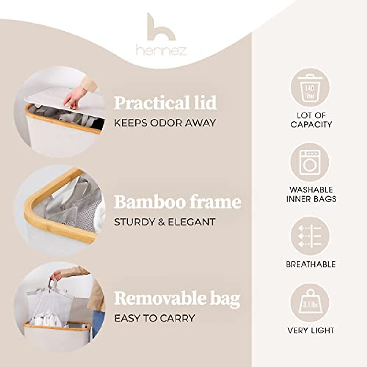 Hennez Laundry Basket With Lid - 140L Double Dirty Clothes Hamper With Removable Bag - Laundry Bin With Lid - Tall Laundry Hamper With Lid - Bathroom, Dorm, College Large Hamper for Laundry With Lid