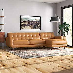 ASHCROFT Elva Mid Century L-Shaped Genuine Leather Right Facing Chaise Sectional, Light Brown Tufted Tight Back Sectional Sofa for Living Room Waiting Area Office Apartment Dorm Home, Tan