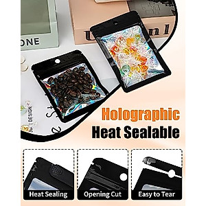 Holographic Bags Candy Bags 300 PCS (3x4.7 Inch, Black) Resealable Bags Packaging Bags with Clear Window Small Bags Foil Pouch Bags for Food Storage Small Business Christmas
