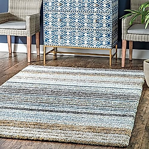nuLOOM Drey Striped Shag Area Rug - 8x10 Shag Area Rug Casual Teal/Ivory Rugs for Living Room Bedroom Dining Room Nursery