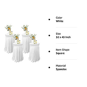 Tegeme 4 Packs Round Spandex Cocktail Tablecloths with Skirt Table Cover Stretch Square Tablecloth for Fitted High Top Bar Wedding Party Banquet (White, 32 x 43 Inch)