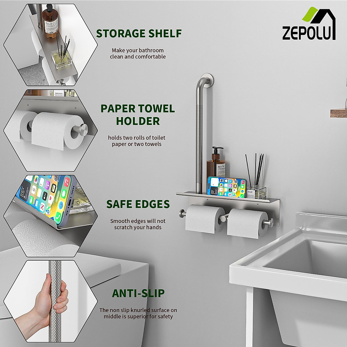 Toilet Paper and Wipes Holder Grab Bar Combo, Zepolu Brushed Nickel Anti-Slip Safety Bar, Wall Mounted Bathroom Handrail w/Storage Shelf, Stainless Steel Handicap Toilet Paper Holder Assist Handle