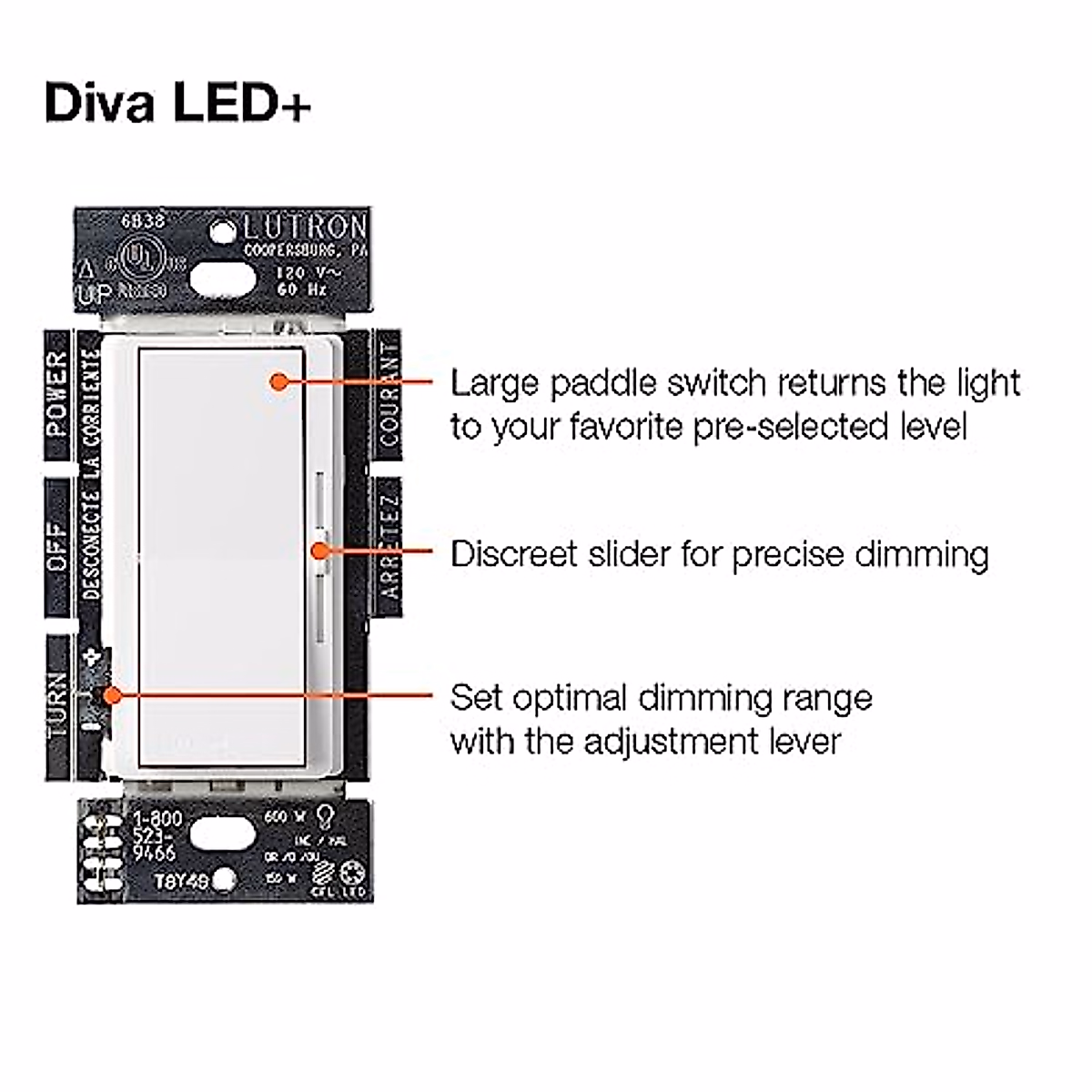 Lutron Diva LED+ Dimmer Switch for Dimmable LED, Halogen and Incandescent Bulbs, 150W/Single-Pole or 3-Way, Light Almond (2-Pack)