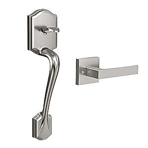 hornbill Front Door Handle, Single Cylinder Lower Exterior Door Handle Set with Interior Lever Reversible for Right and Left Handed Doors, Entry Door Lock HandleSet, Satin Nickel Silver