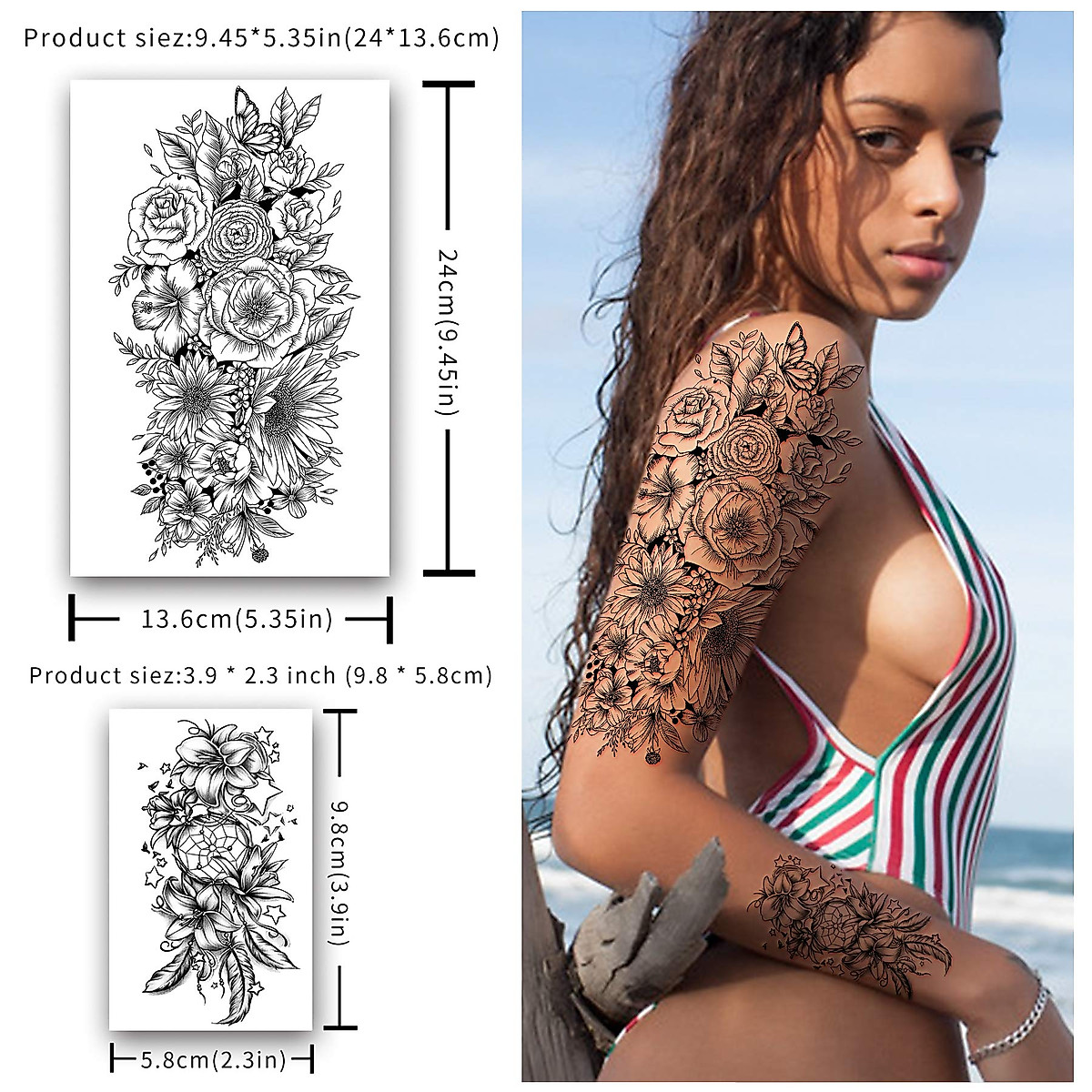 Yazhiji 40 sheets Waterproof Temporary Tattoos Large Flowers Butterfly Collection Temporary Fake Tattoos for Women and Girls Body Art Decoration