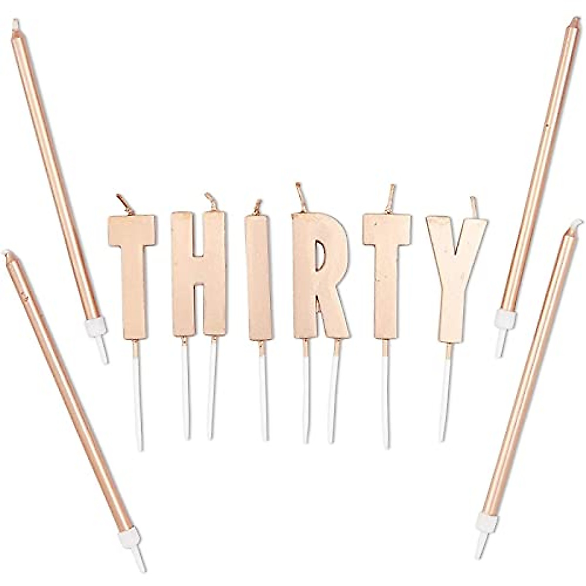 Cake Topper 30th Birthday with Thin Candles in Holders (Rose Gold, 30 Pack)