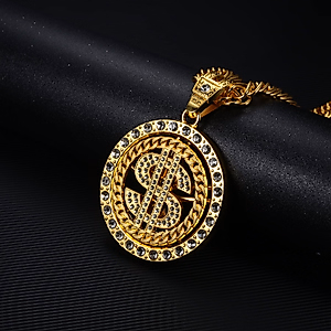 Krfy Gold Money Dollar Sign Chain Necklace For Men Rotatable Rapper Hip Hop Fake Chain 18k Gold Plated Halloween Old School Big Chunky Turnover Punk Style Necklace