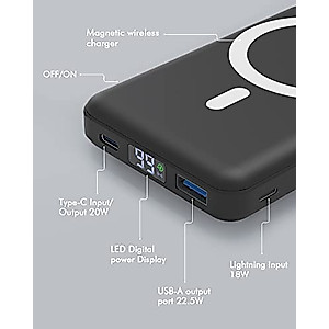 podoru Wireless Portable Charger, Foldable 10000mAh Magnetic Power Bank with Type-C Cable LED Display 22.5W PD Fast Charging Lighting Mag-Safe Battery Pack for iPhone 14/13/12/Mini/Pro/Pro Max-Black