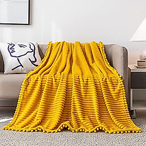 DISSA Fleece Blanket Throw Size – 51x63, Yellow – Soft, Plush, Fluffy, Fuzzy, Warm, Cozy – Perfect Throw for Couch, Bed, Sofa - with Pompom Fringe - Flannel Blanket Throw Blanket