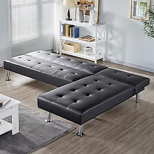 Yaheetech Convertible Sectional Sofa Couch L-Shaped Couch Faux Leather Sofa Bed Sleeper for Living Room Small Space Black