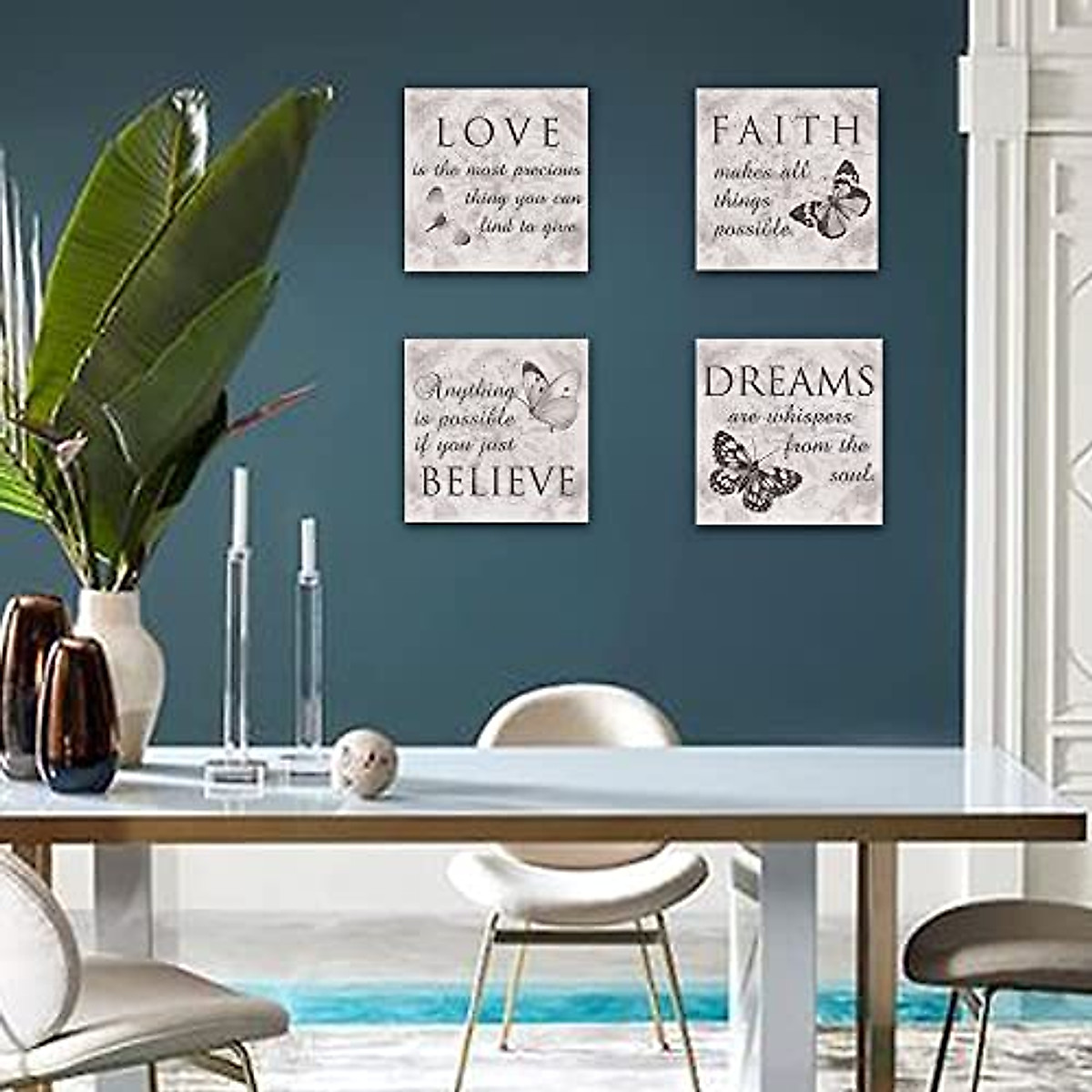 Butterfly Wall Art Grey Love Dream Faith Believe Quotes Pictures Bathroom Bedroom Living room Wall Decor Canvas Posters Prints (12 * 12inch*4)