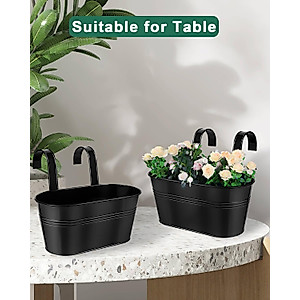 vensovo Metal Railing Planter for Outdoor Plants - 3 Pack Balcony Hanging Flower Pots with Detachable Hooks and Drain Holes Oval Bucket Rail Box Fence Planters for Home Garden Decor, Black