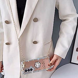 Omio for Samsung Galaxy Z Fold 3 5G Mirror Case with Crossbody Lanyard Luxury 3D Sparkle Crystal Diamond Bling Glitter Cute Slim Makeup Hard PC Phone Case for Galaxy Z Fold 3 Women Girls, Gold