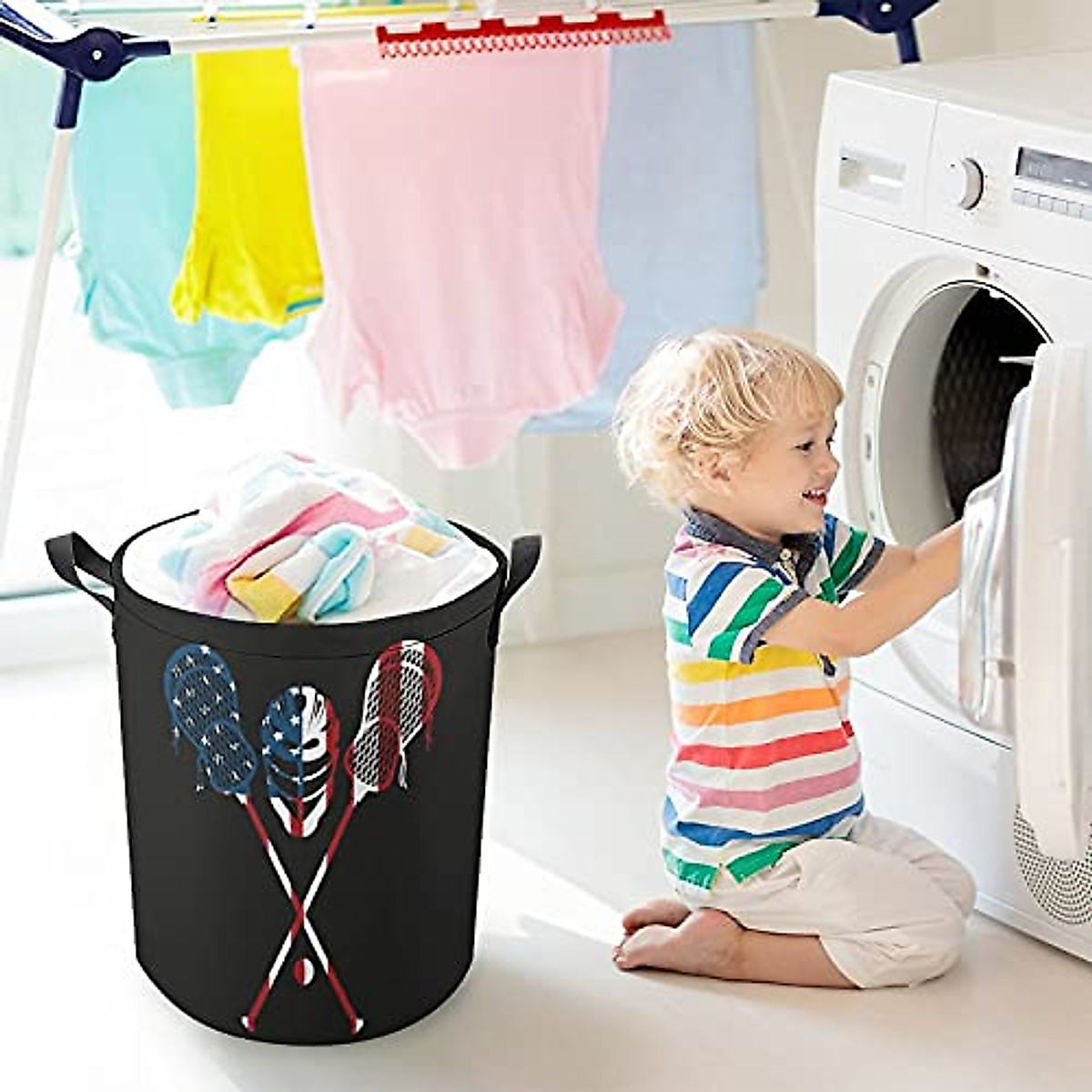 Lacrosse American Flag 4th Of July Freestanding Laundry Basket with Lid Waterproof Collapsible Large Clothes Hamper Storage with Handle and Drawstring Closure Toy Organizer Gift