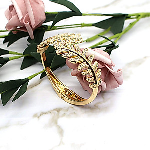 Sparkly Rhinestone Leaf Hinge Bangle Bridal Wedding Statement Bracelet Crystal Adjustable Cuff Bracelets Gold Platinum Tone Women Lover Gifts