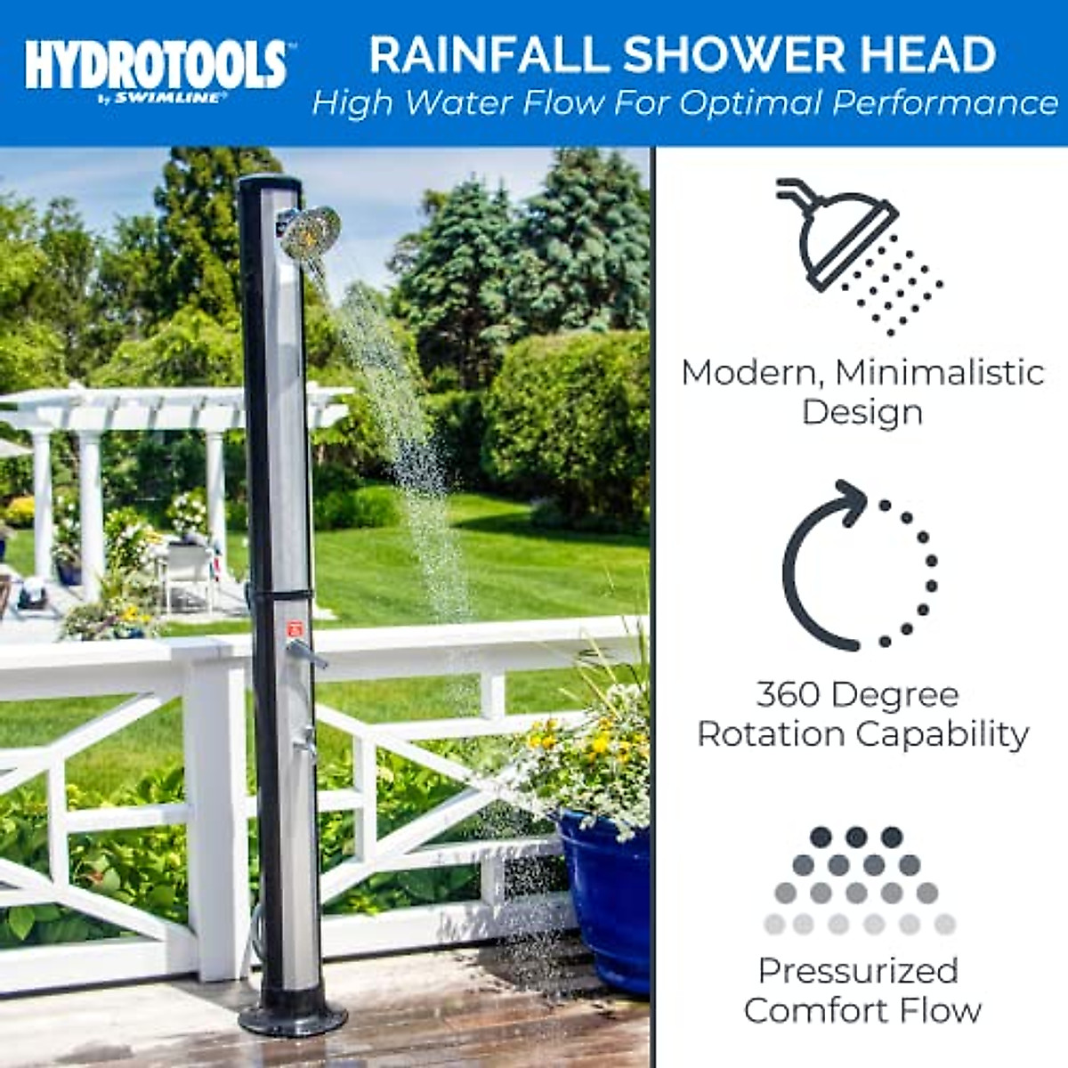 Swimline HYDROTOOLS 2 Section Niagara Rainfall Solar Shower 7 Feet | Adjustable Head & Foot Tap Spigot | 10 Gal Capacity Up to 140 Degrees | Environmentally Friendly | Outdoor Backyard Poolside Spa