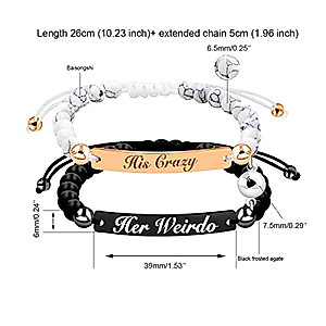 Uloveido His Crazy Her Weirdo Couple Bracelets Stainless Steel ID and Natural Beads Handmade Braided Rope Bracelet Set for Men Women Adjustable (His Crazy Her Weirdo)