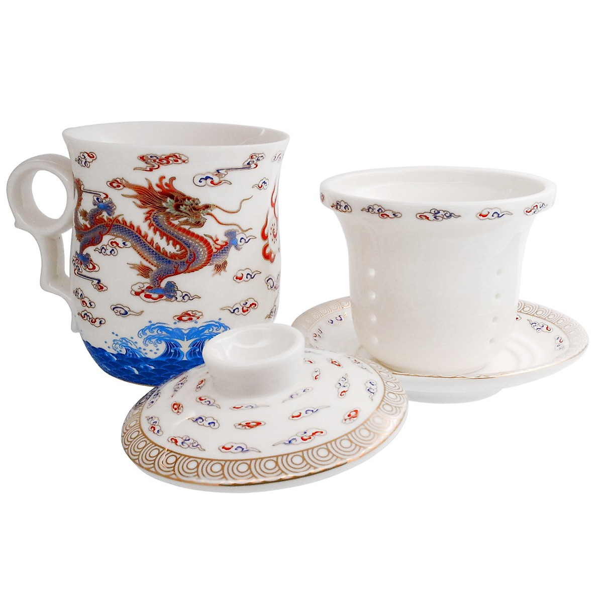 Ameolela Porcelain Tea Cup with Infuser Lid and Saucer Sets - Chinese Jingdezhen Ceramics Coffee Mug Teacup Loose Leaf Tea Brewing System for Home Office