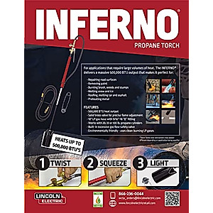 Lincoln Electric Inferno Weed Burner Propane Torch Kit w/ 10” LP Gas Hose and Flint Striker, 500,000 BTU High Output, Heavy Duty for Road Repair, Roof, Brush, Ice Snow Melter, KH825-03