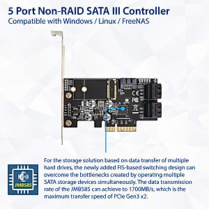 Internal 5 Port Non-Raid SATA III 6GB/S Pci-E X4 Controller Card for Desktop PC Support SSD and HDD with Low Profile Bracket. JMB585 Chipset